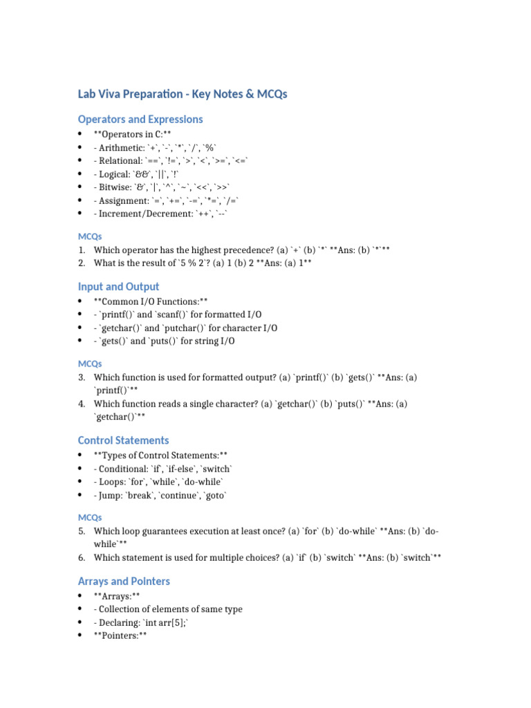 Lab Viva Notes Mcqs Pdf Pointer Computer Programming Computer Programming