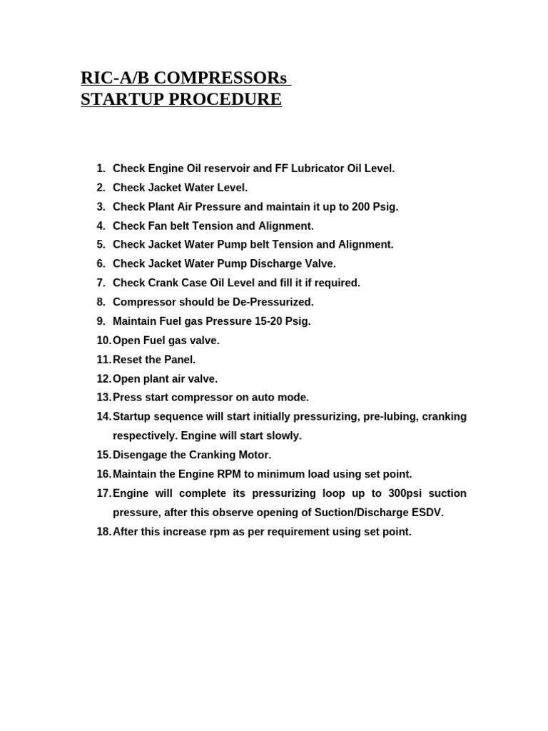 RIC Compressors Startup Procedure | PDF