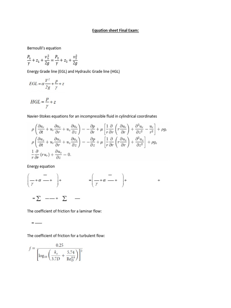 Final Exam Equation Sheet for Fluid Dynamics | PDF