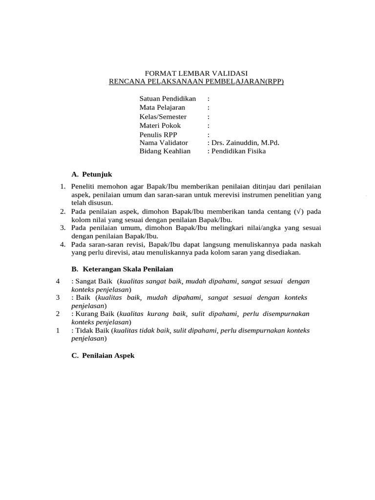 Format Lembar Validasi RPP | PDF
