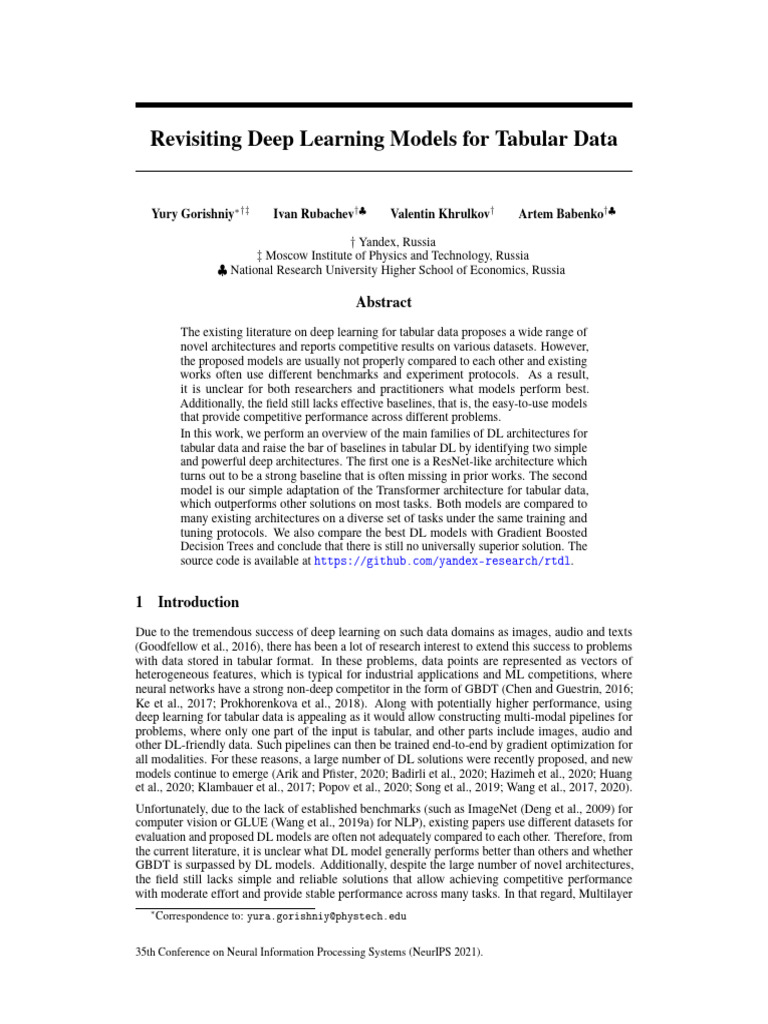 Revisiting Deep Learning Models for Tabular Data | PDF | Deep Learning | Artificial Intelligence