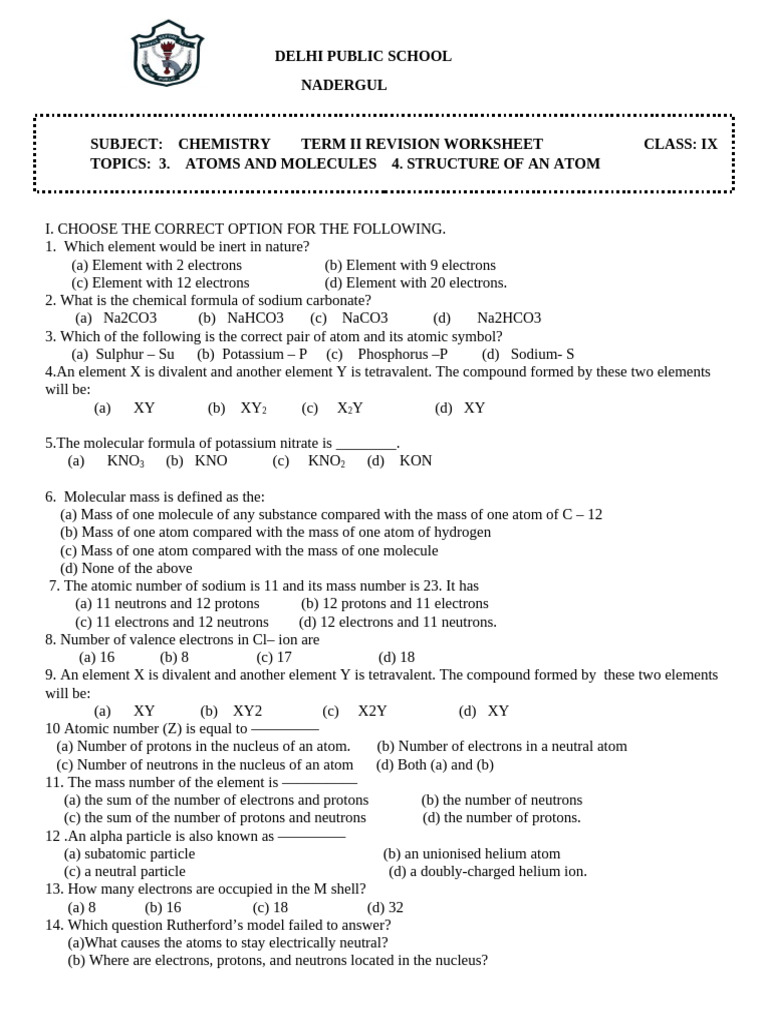 Class IX Chemistry Revision Worksheet | PDF | Atoms | Ion