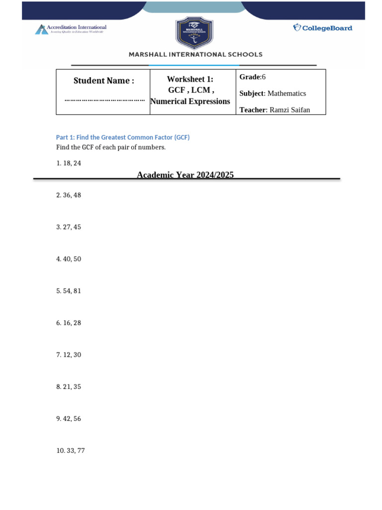 GCF, LCM, Numerical Expressions Grade 6 Worksheet 1 | PDF