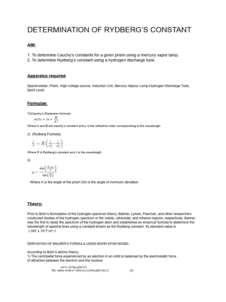 DETERMINATION OF RYDBERG’S CONSTANT | PDF | Molecular Physics | Quantum ...