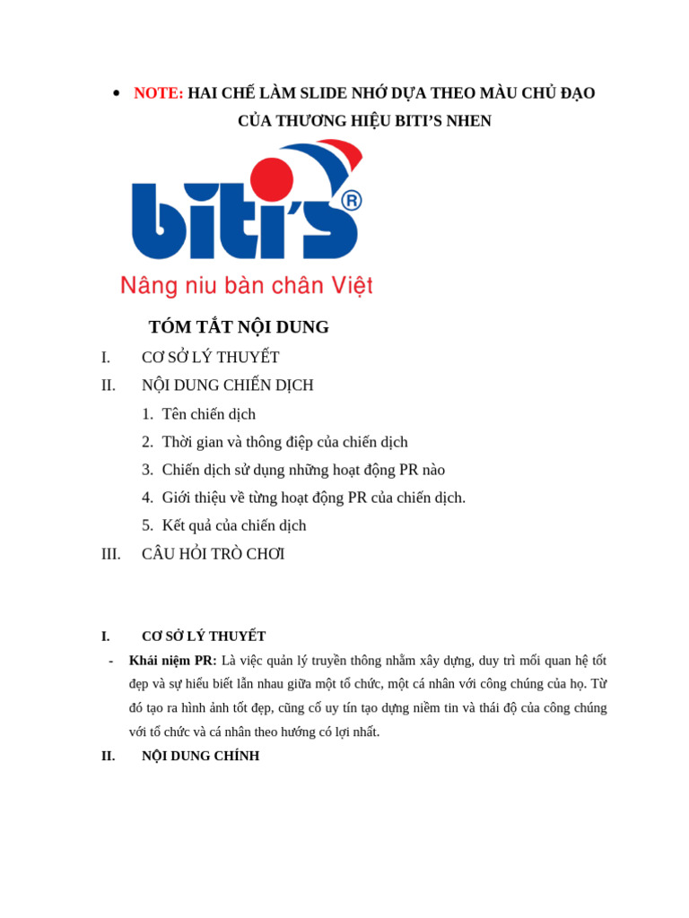 Tóm Tắt Nội Dung: Hai Chế Làm Slide Nhớ Dựa Theo Màu Chủ Đạo Của Thương Hiệu Biti'S Nhen | PDF