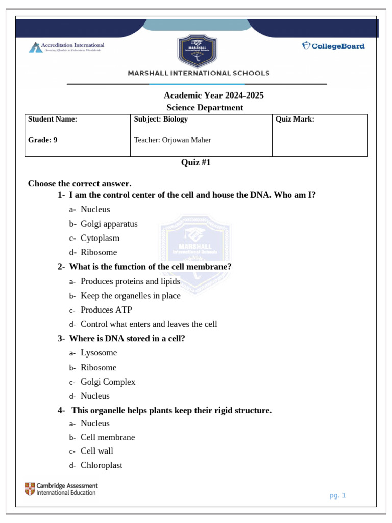 G 9 Biology Cell Structure Quiz | PDF