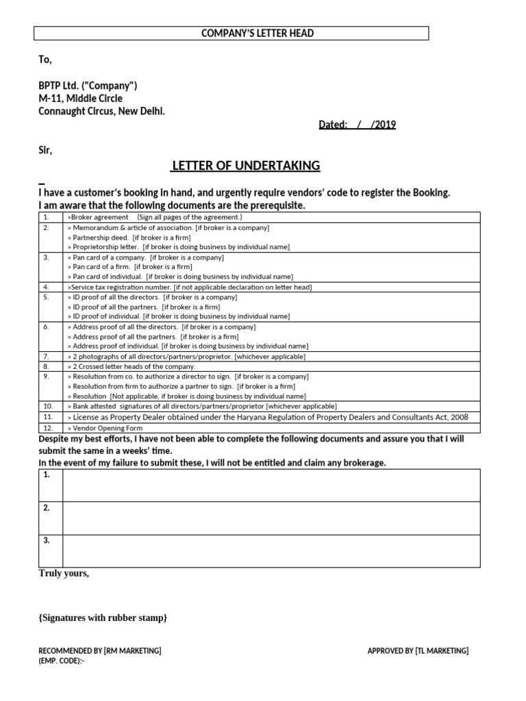 Undertaking For Pending Documents | PDF