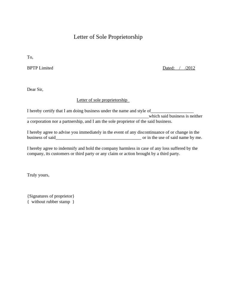 Letter of Sole Proprietorship | PDF