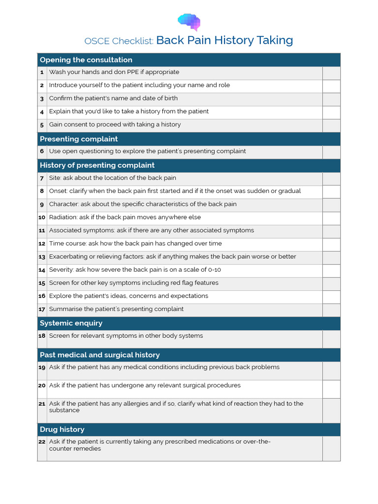 OSCE Checklist Back Pain History Taking | PDF | Pain | Back Pain
