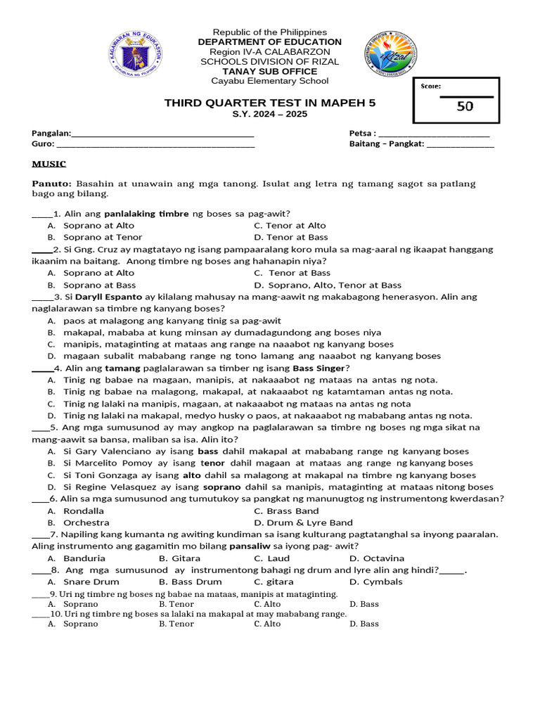 MAPEH Grade 5 Q3 PT | PDF