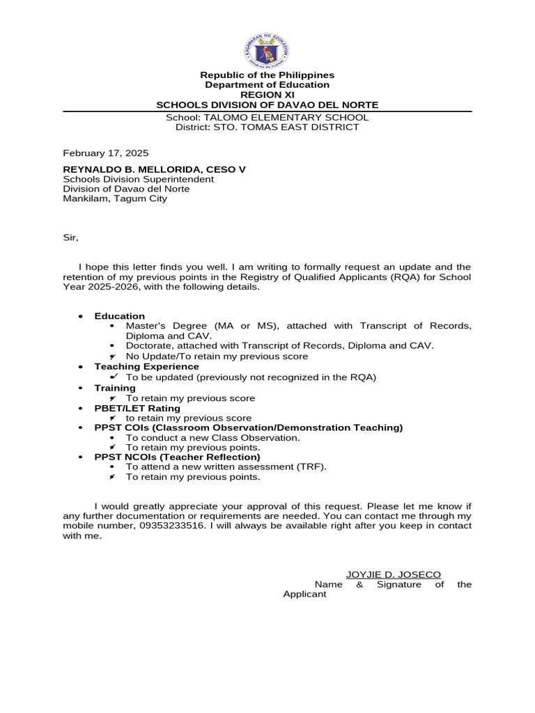 Request for RQA Update - Talomo Elementary | PDF