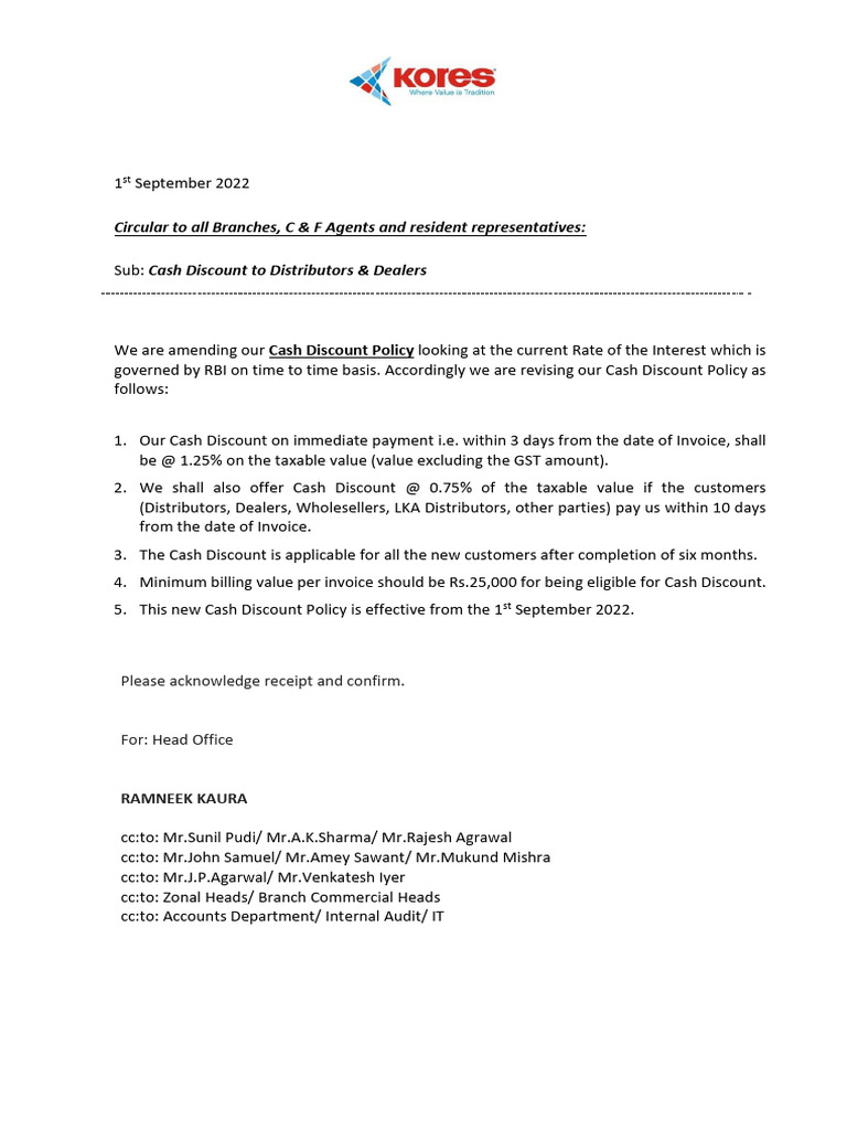 Cash Discount Policy - 01.09.22 | PDF