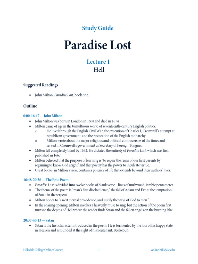 Paradise Lost Lecture 1 Study Guide | PDF | Paradise Lost | Religious ...