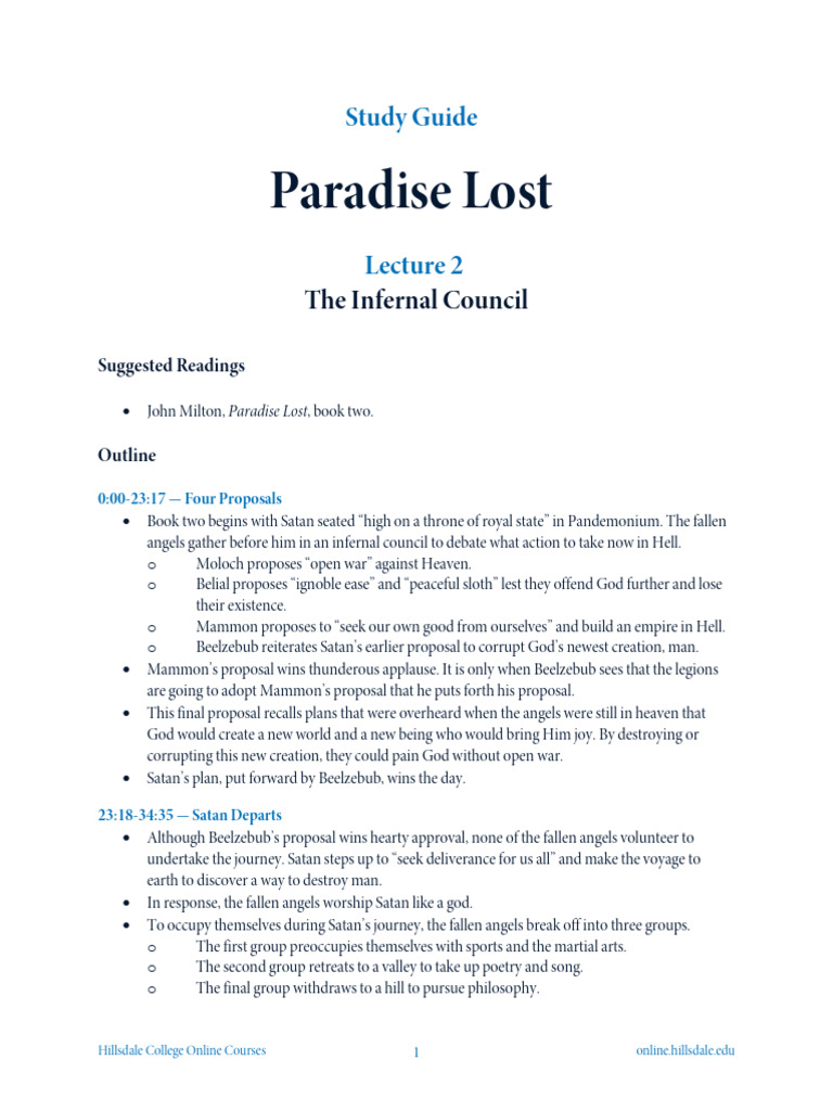 Paradise Lost Lecture 2 Study Guide | PDF | Paradise Lost | Satan