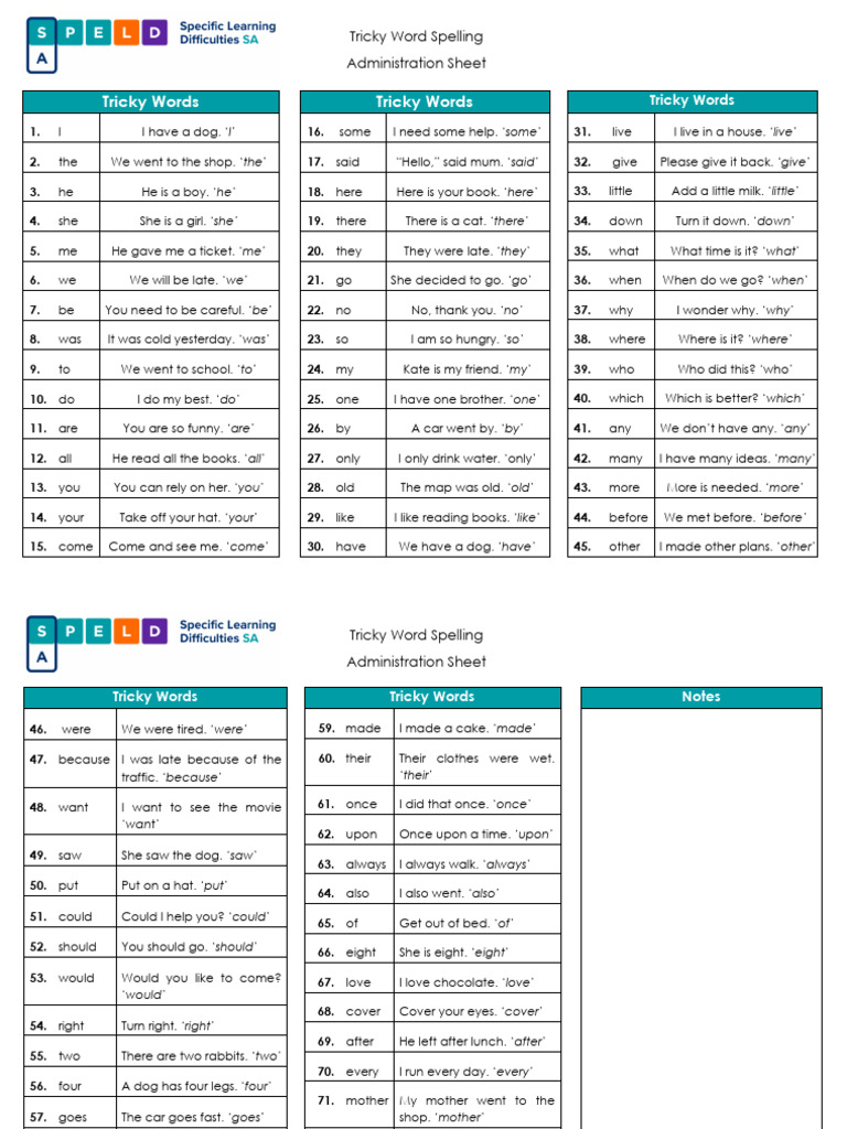 Tricky Word Administration Sheet | PDF