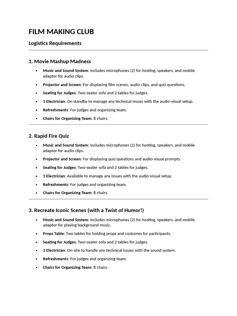 FILM MAKING CLUB logistics req | PDF