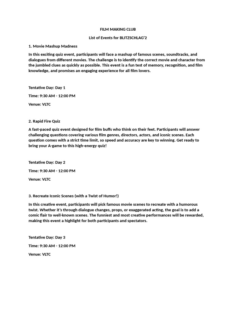 Film Making Club Events Schedule | PDF