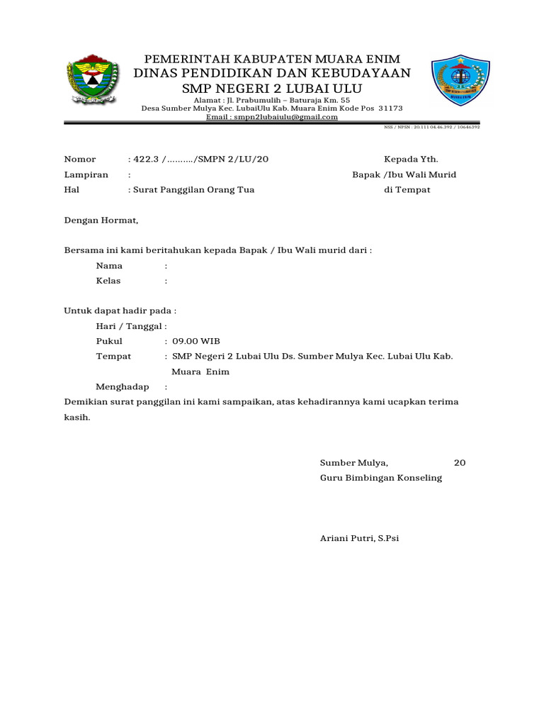 Form Surat Panggilan BK 2 | PDF