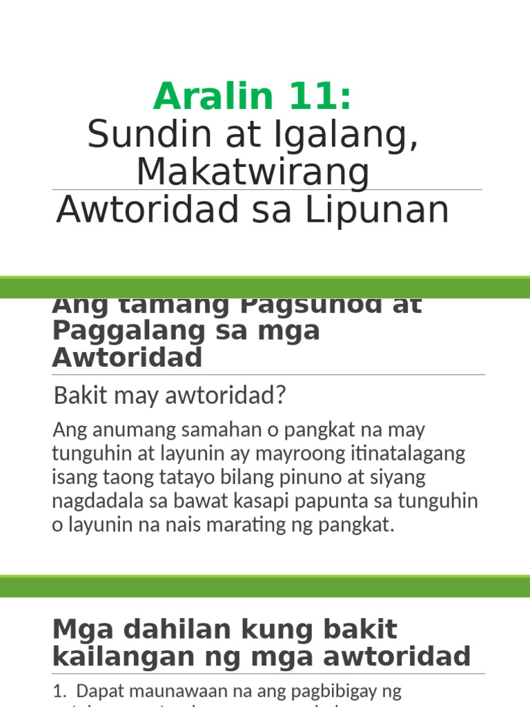 Aralin 11 SUNDIN AT IGALANG MAKATWIRANG AWTORIDAD SA LIPUNAN | PDF