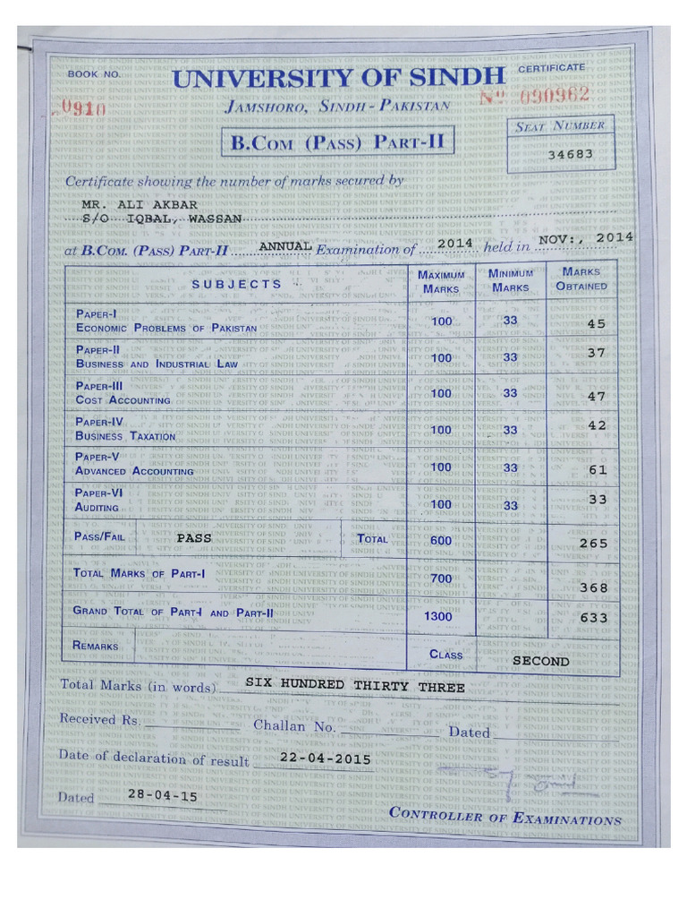 Bachelors Marksheet | PDF