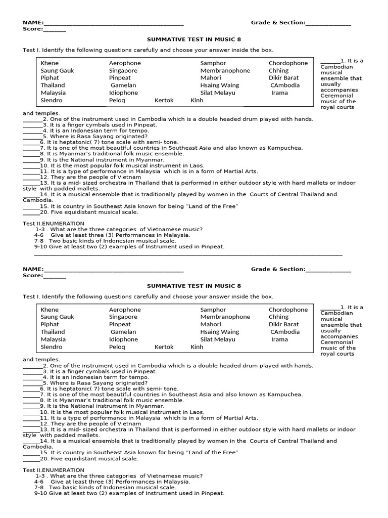 Southeast Asian Music Summative Test | PDF | Cambodia | Southeast Asia