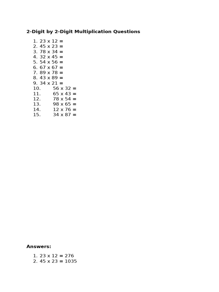 2-Digit by 2-Digit Multiplication Questions | PDF