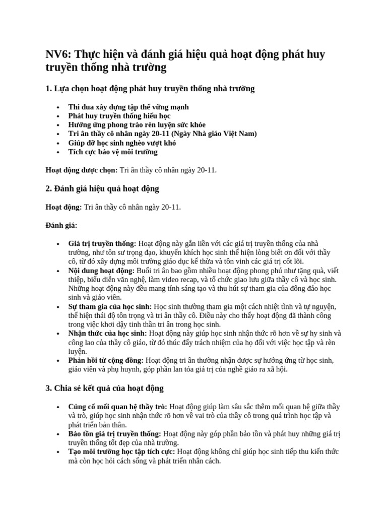 NV6: Thực hiện và đánh giá hiệu quả hoạt động phát huy truyền thống nhà trường | PDF