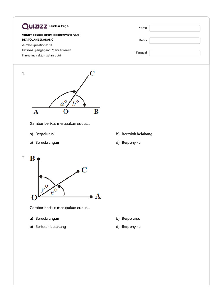 Sudut Berpelurus, Berpenyiku Dan Bertolakbelakang - Quizizz | PDF