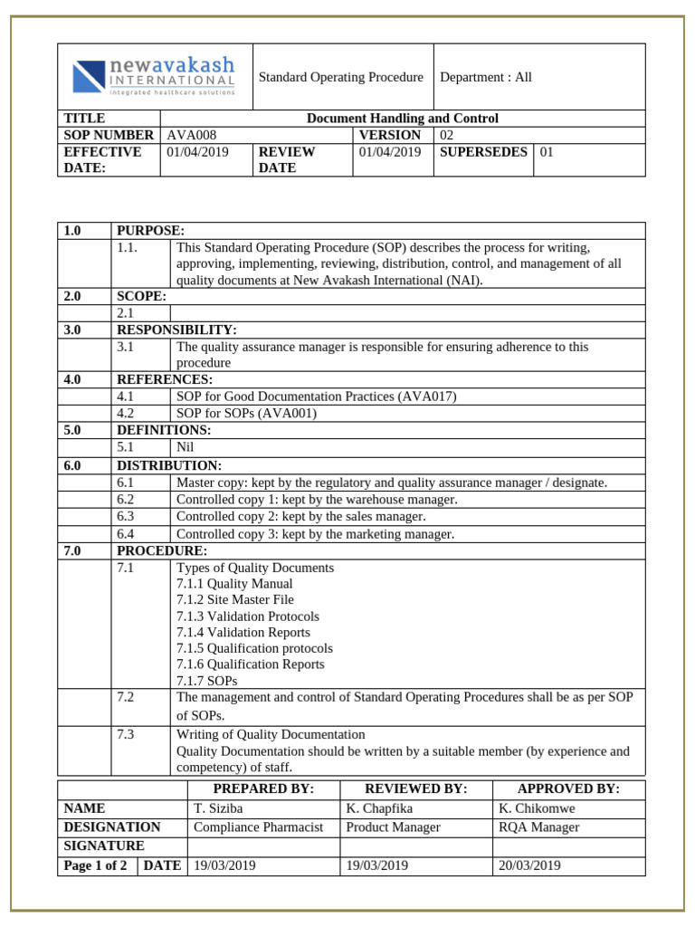 AVA008 - Rev 1 - March 2019 - SOP - Document Handling and Control | PDF