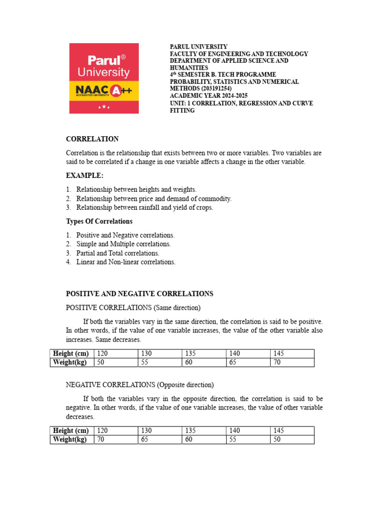 Unit 1 Correlation, Regression and Curve Fitting 2024-25-1 | PDF | Spearman's Rank Correlation ...