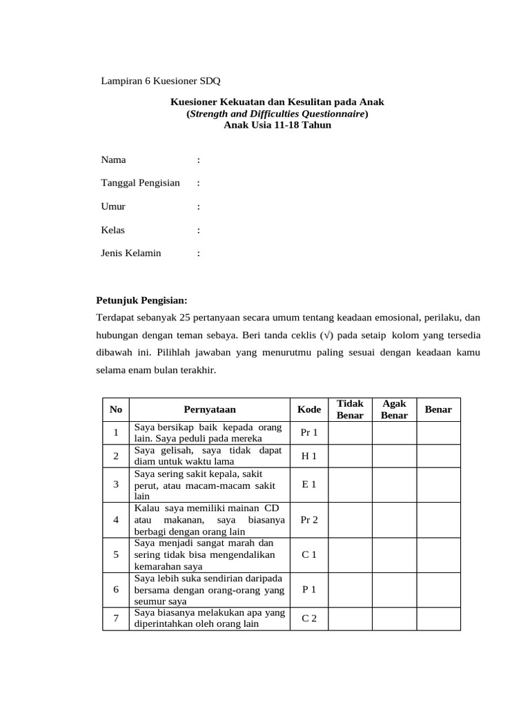 Kuesioner SDQ Feniii | PDF