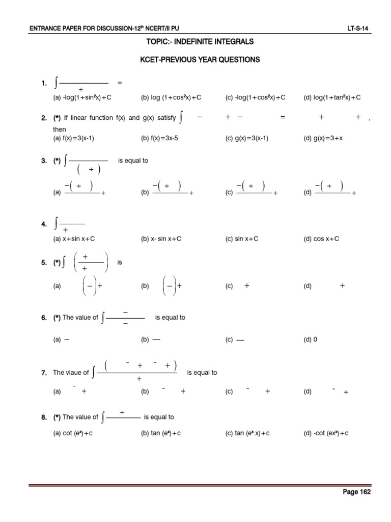 Indefinite Integrals Practice Questions | PDF
