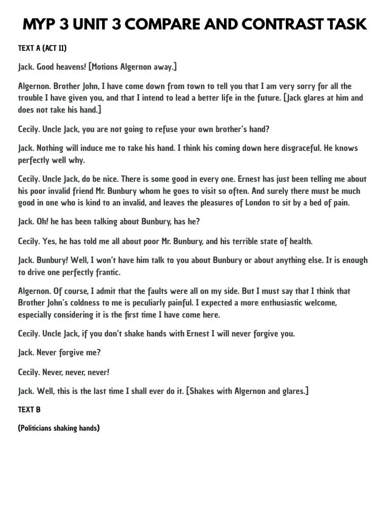 Myp 3 Unit 3 Compare and Contrast Task | PDF | The Importance Of Being ...