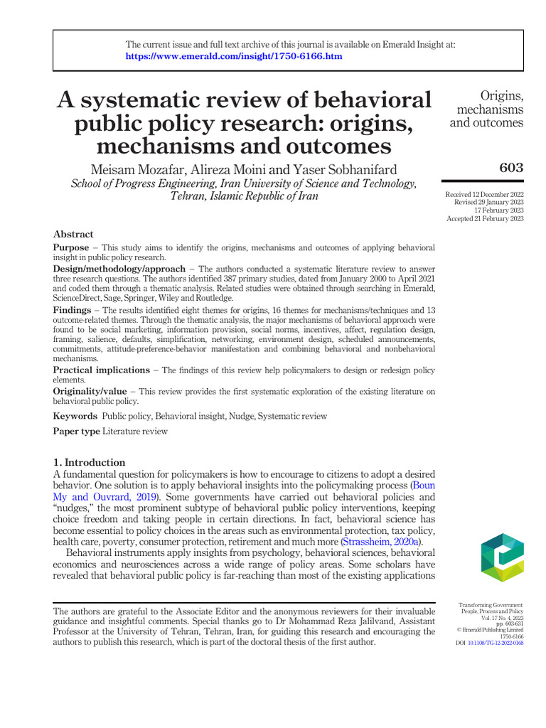 A Systematic Review of Behavioral Public Policy Research: Origins ...