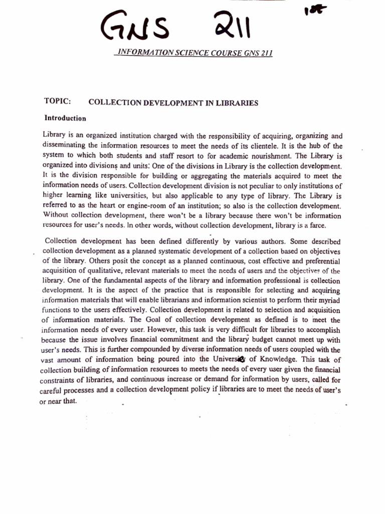 GNS211 - Collection Development in Library | PDF