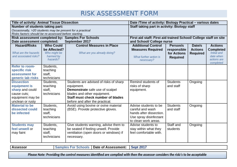 Animal Tissue Dissection Risk Assessment | PDF | Medical Specialties ...