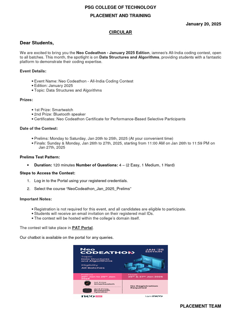 Neo Codeathon January 2025 Details | PDF