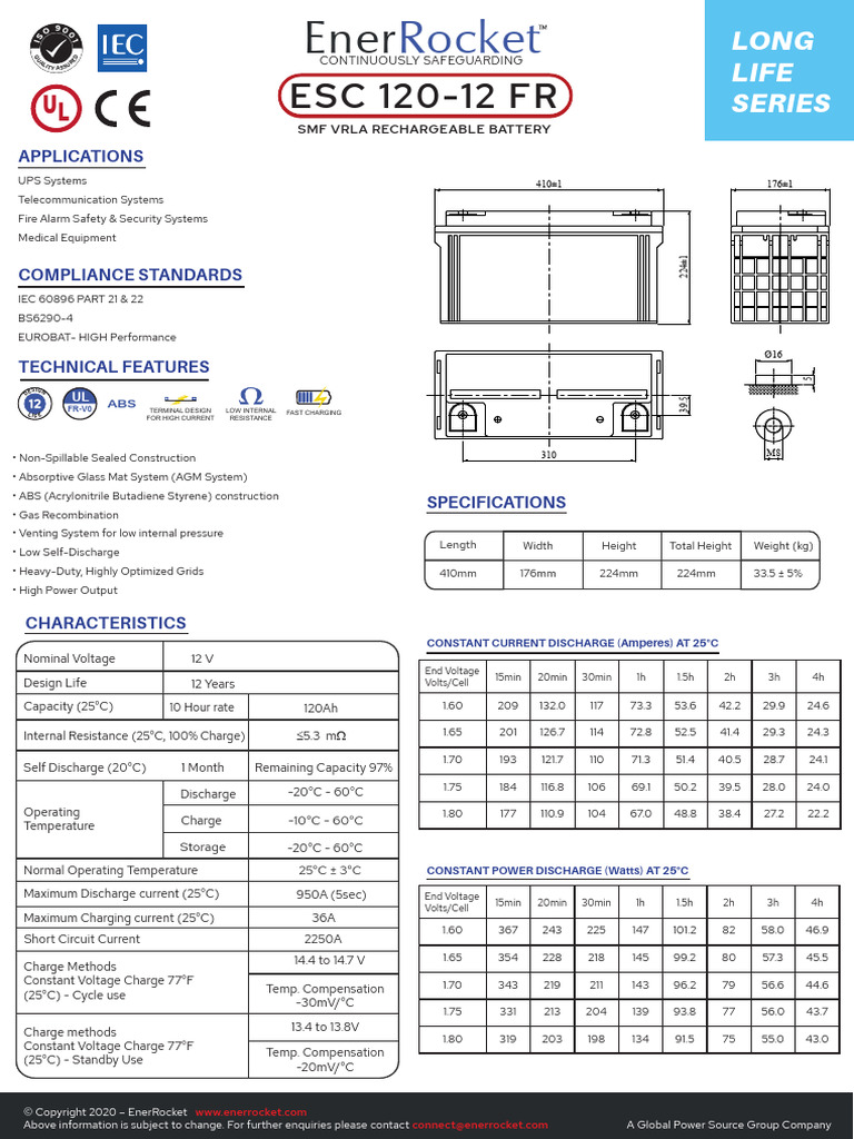 Battery - ESC 120-12 FR TDS | PDF | Volt | Electricity