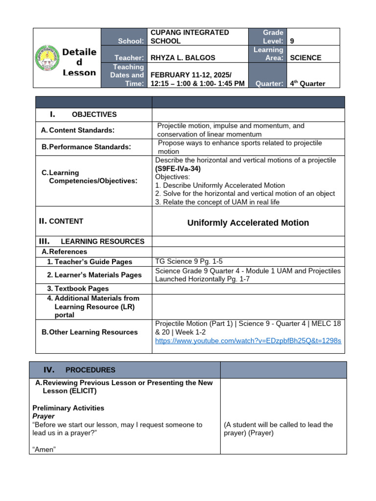 G9 Q4 - Lesson 1 UAM Lesson Plan | PDF | Acceleration | Velocity