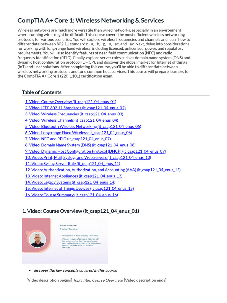 CompTIA A+ Core 1 Wireless Networking & Services | PDF | Ieee 802.11 ...