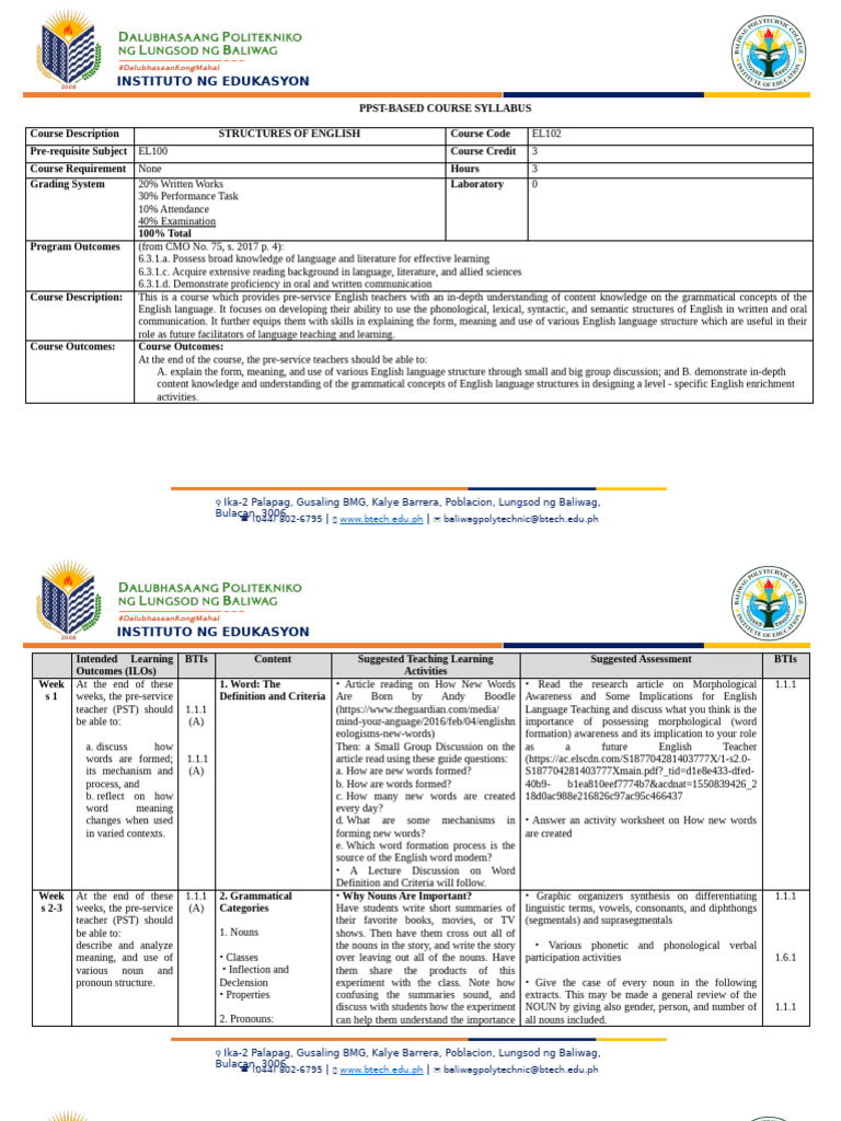 English Structures Course Syllabus | PDF | Adjective | Verb