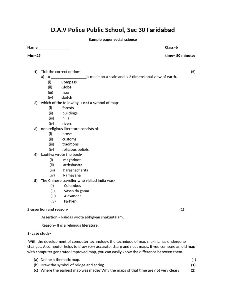 Class 6 Social Science Sample Paper | PDF | Map