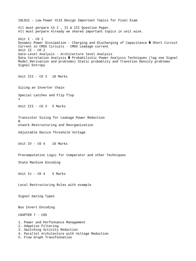 19L021 - Low Power VLSI Design Important Topics for Final Exam | PDF