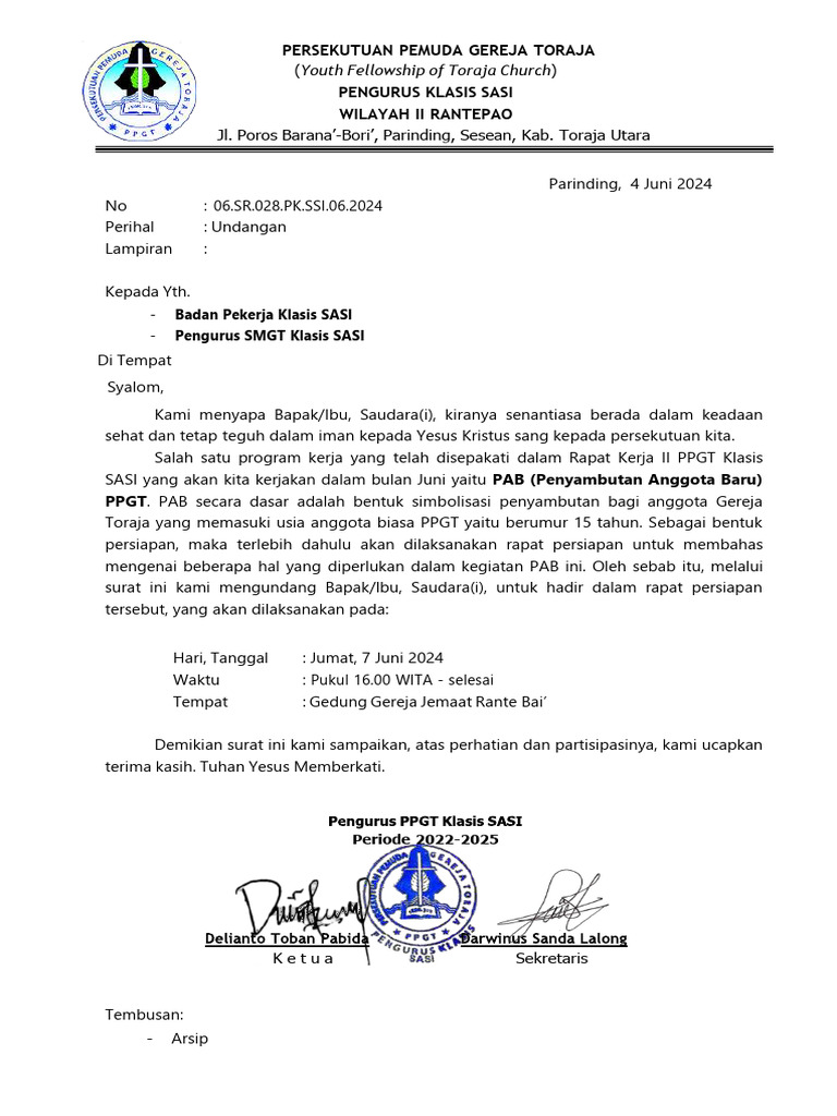 Undangan Rapat PAB PPGT Klasis SASI | PDF