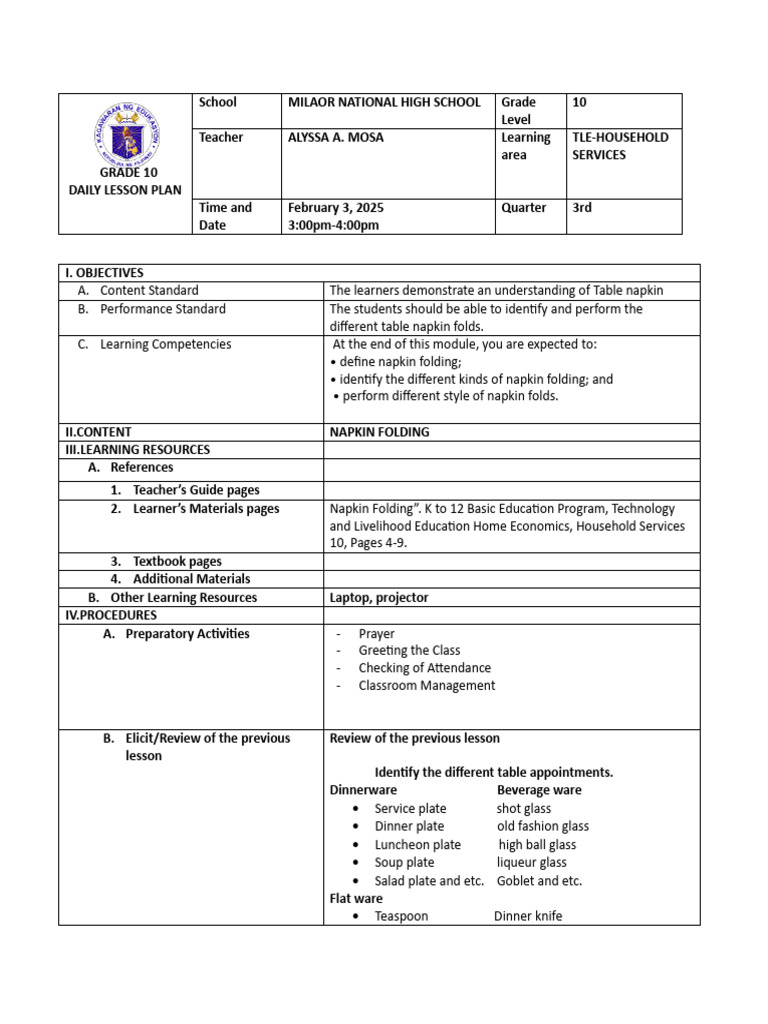 Grade 10 Napkin Folding Lesson Plan | PDF | Teachers | Learning