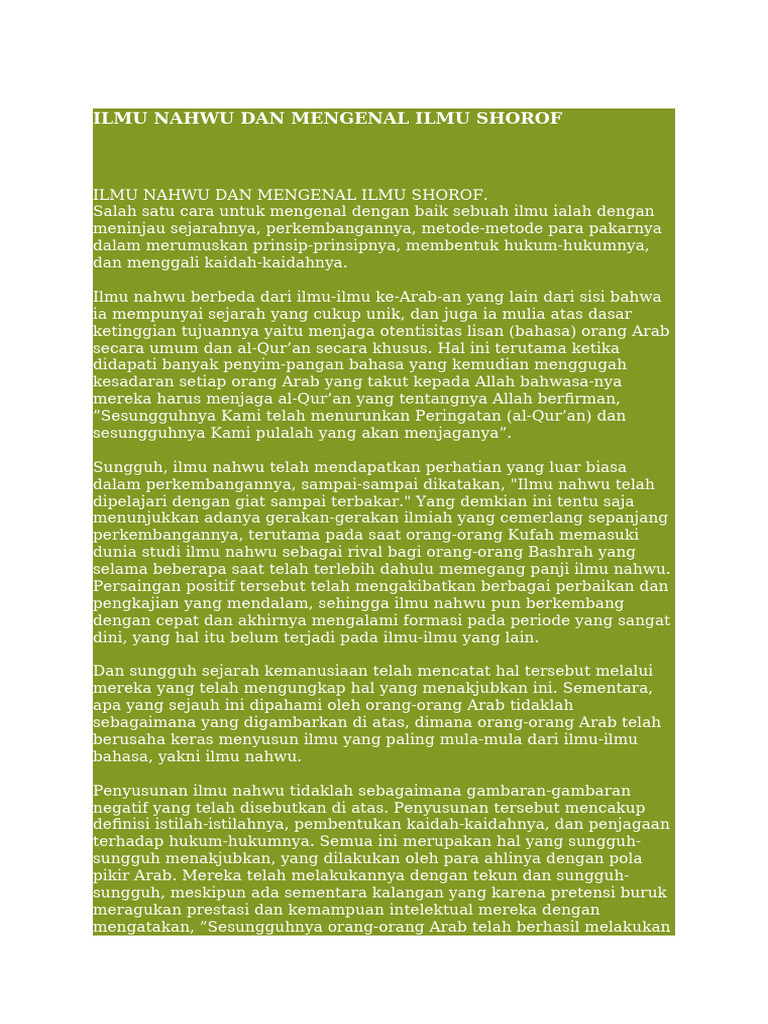 Ilmu Nahwu Dan Mengenal Ilmu Shorof | PDF