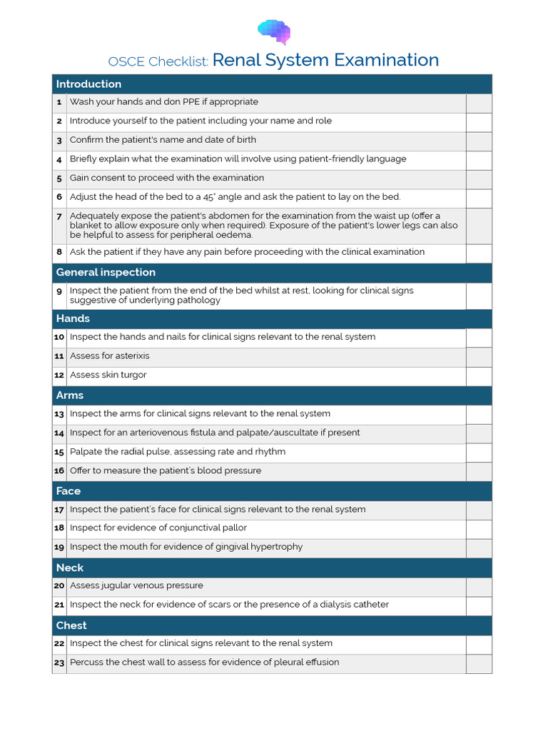 OSCE Checklist Renal System Examination | PDF | Kidney | Edema