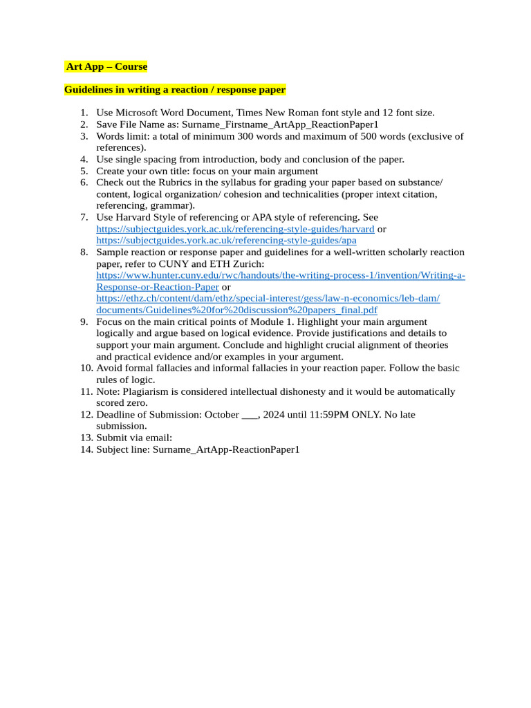 ArtApp Reaction Paper Guidelines | PDF