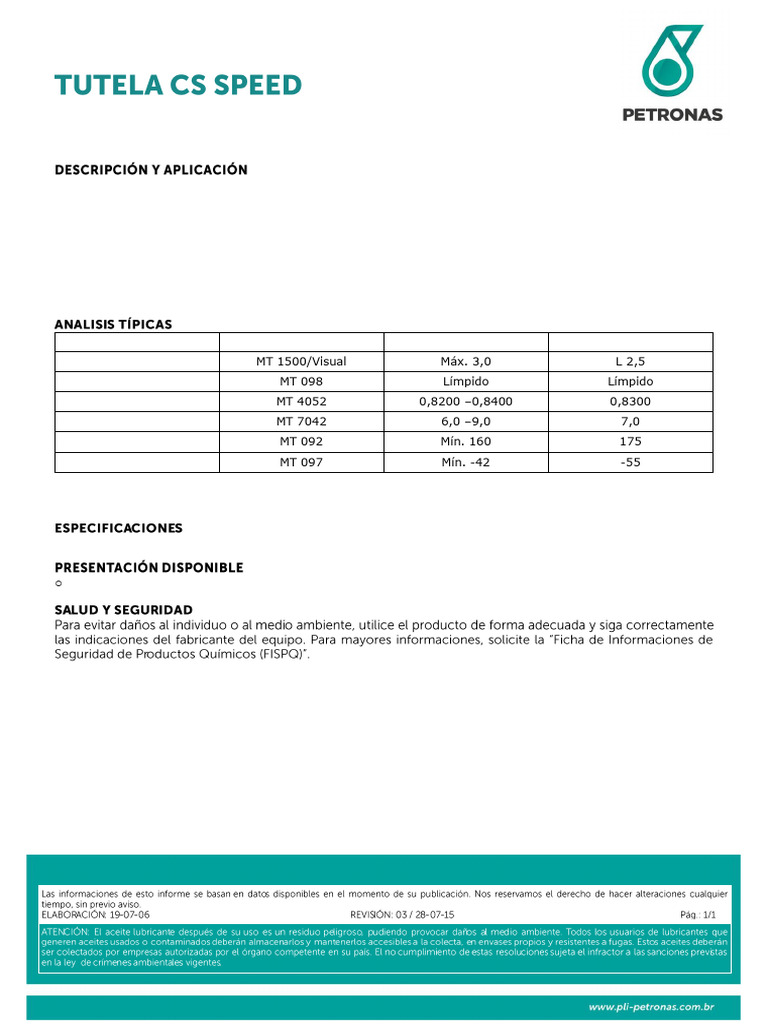 PETRONAS TUTELA CS SPEED - Esp | PDF