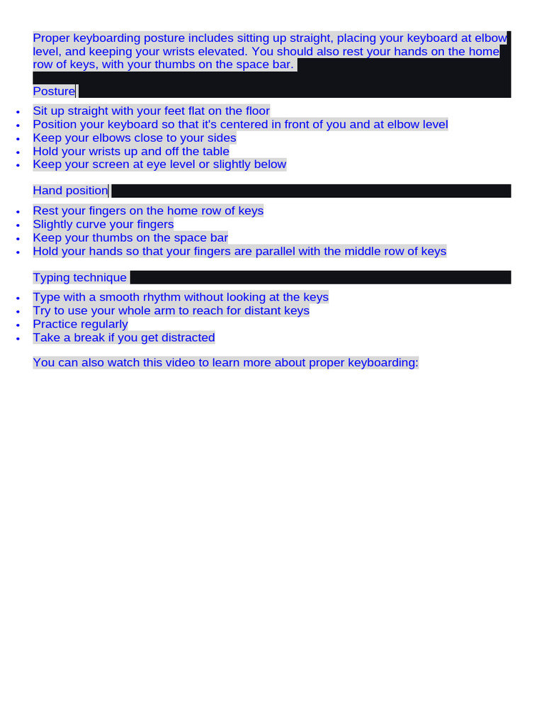 Proper Keyboarding Posture Includes Sitting Up STR | PDF